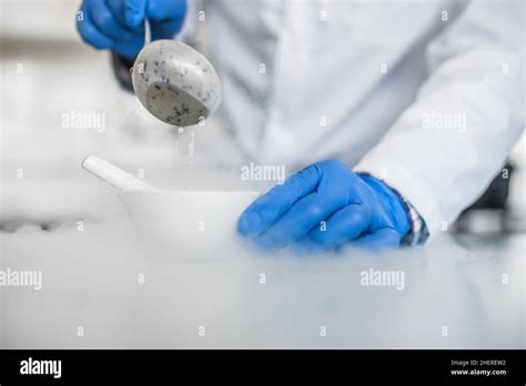 Laboratory Technician Performs An Experiment With Liquid Nitrogen In