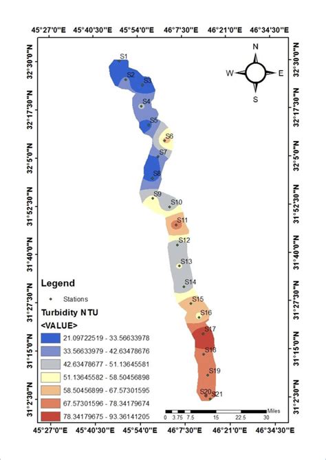 4 Spatial Distribution Of Turbidity Ntu For The Twenty One Stations Download Scientific
