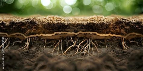 Layers Of Soil Showcasing The Close Up Cross Section Of Underground Plant Roots Concept Soil