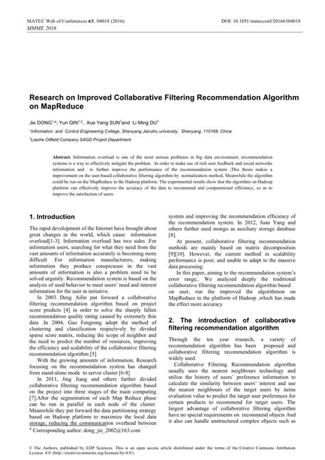 Pdf Research On Improved Collaborative Filtering Recommendation Algorithm On Mapreduce