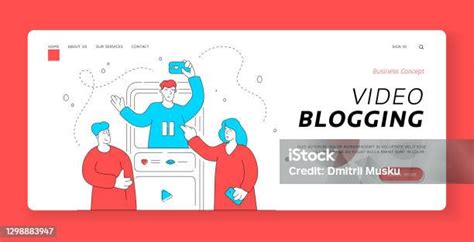 스마트 폰에서 블로그를보고 커플 배너 템플릿입니다 플랫 라인 벡터 일러스트레이션 가공의 인물에 대한 스톡 벡터 아트 및 기타