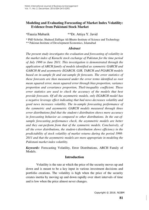 Pdf Modeling And Evaluating Forecasting Of Market Index Volatility
