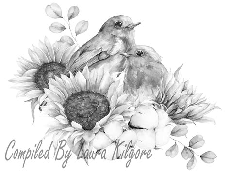 Robins And Sunflowers Coloring Page Greyscale Watercolor Pdf Etsy