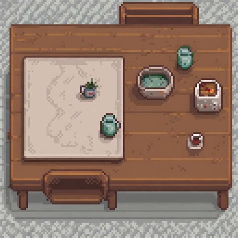 Pixel Art Depicting A Rustic Wooden Table Adorned With A Vintage Map