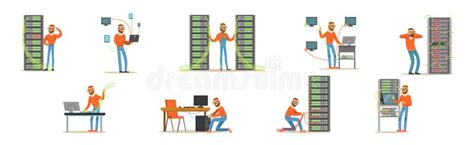 Young Man Sysadmin Character Working On Computer Doing Technical Work With Server Vector Set