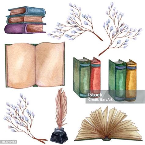 손으로 그린 수채화 그림 오래 된 책 잉크 병 잉크 펜 꽃 나뭇가지 오픈 책의 더미 골동품 개체입니다 유물과 함께 오래 되 고 희귀 한 책 책에 대한 스톡 벡터 아트 및