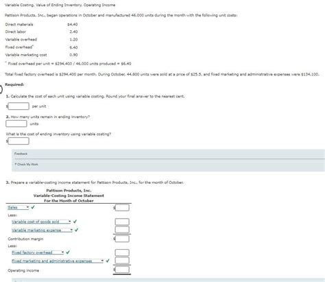 Solved Variable Costing Value Of Ending Inventory