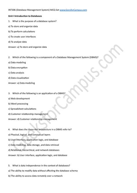 Int306 Mcq Sets Unit Wise Unit I Introduction To Databases 1 What Is