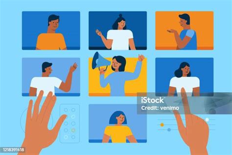 간단한 평면 스타일의 벡터 일러스트레이션 화상 회의 및 온라인 회의 인터페이스 팀워크 및 개발 개념 배너 및 인포 그래픽 디자인 템플릿 코로나바이러스에 대한 스톡 벡터 아트