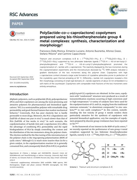 Pdf Polylactide Co ε Caprolactone Copolymers By Bis Thioetherphenolate Group 4 Metal