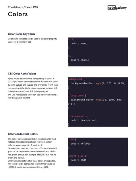 Learn Css Codecademy Cheatsheet Colors Pdf Electromagnetic
