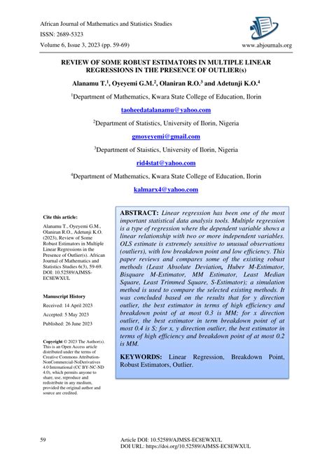 pdf review of some robust estimators in multiple linear regressions