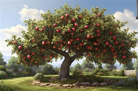 Premium Photo A Huge Apple Tree With A Lot Of Red Apples In The Park