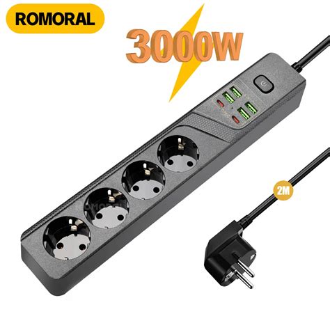 전원 스트립 Eu 플러그 4 Ac 4 Usb 2 타입 C 충전 소켓 2m 케이블 연장 콘센트 어댑터 서지 보호기 홈 오피스