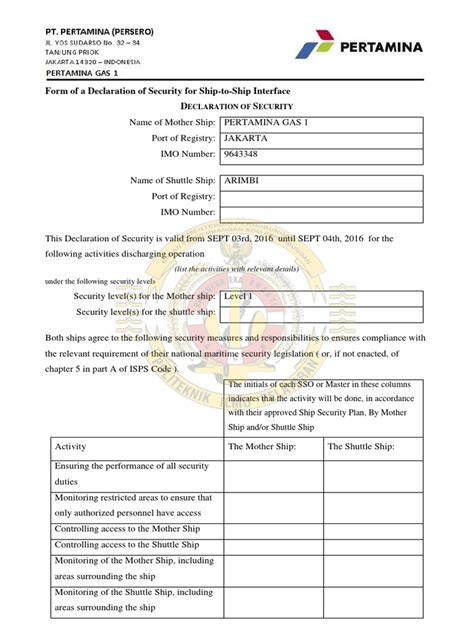 Declaration Of Security Pertamina Field Pdf Water Transport Shipping