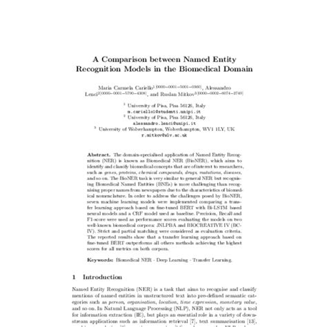 A Comparison Between Named Entity Recognition Models In The Biomedical Domain Acl Anthology