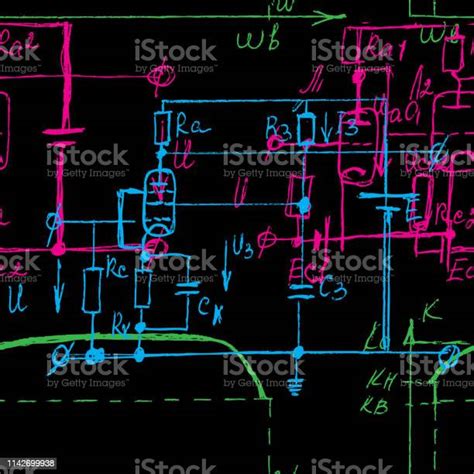 필기 수학 및 물리적 수식 전자 부품 회로도 및 장치의 회로와 과학적인 완벽 한 색상 배경 색상의 전기 패턴입니다 벡터 공학에