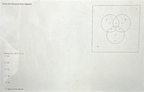 Solved Given The Following Venn Diagram Find N[ Aub C ]