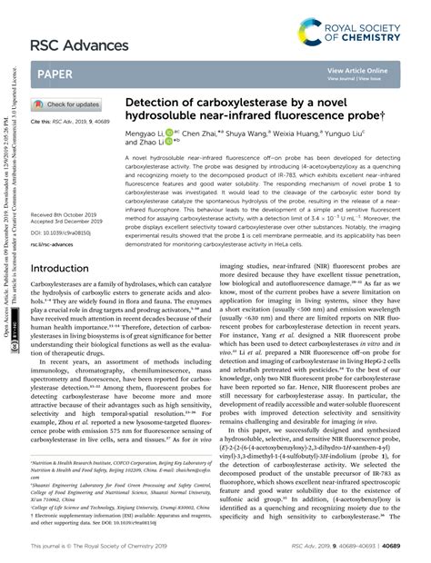 Pdf Detection Of Carboxylesterase By A Novel Hydrosoluble Near Infrared Fluorescence Probe