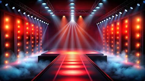 Fashion Show Runway With Red Lights On Black Background Vector