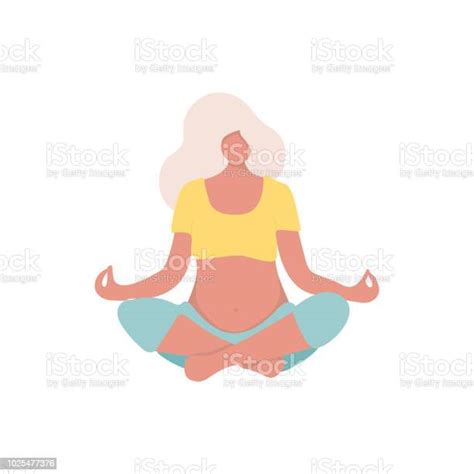 벡터 일러스트입니다 젊은 아름 다운 임신 여자 문자 명상 요가 위치 현대 평면 스타일에 앉아있는 동안 휘트니스 건강 한 생활양식입니다 임신 요가 자세 요가 스튜디오 귀여운에