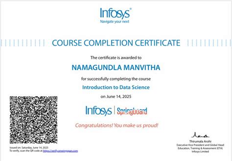 Datascience Learning Certificate Infosysspringboard Dataanalytics Machinelearning Python