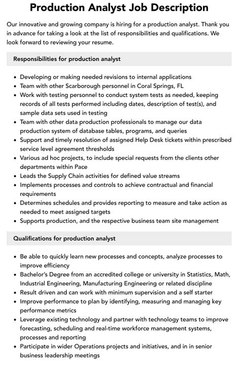 Production Analyst Job Description Velvet Jobs
