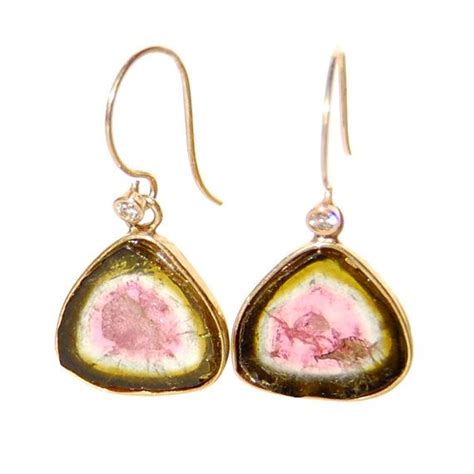 Watermelon Tourmaline Slice Earrings With Diamonds And By Nixin