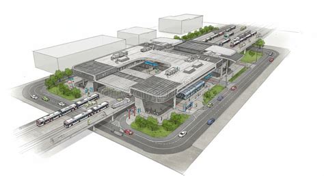A Detailed Architectural Sketch Of A Modern Urban Transit Station The