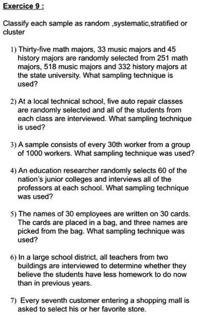 Exercice 9 Classify Each Sample As Random Systematic Stratified Or