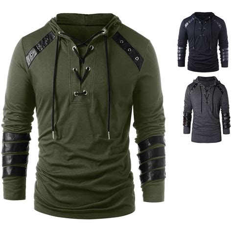 남자 전술 군사 T 셔츠 긴 소매 육군 전투 셔츠 커프 가짜 가죽 스트랩 Neckline Drawstring 버클 까마귀 스웨터