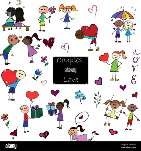 Love Couple Colorful Set Vector Hand Drawn Illustration Stock Vector