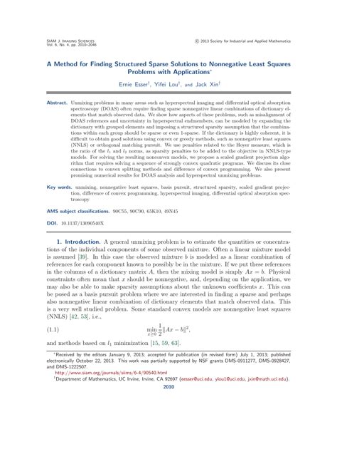 PDF A Method For Finding Structured Sparse Solutions To Non Negative Least Squares Problems