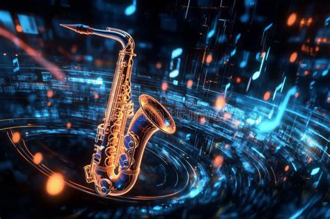 A Surreal 3d Abstract Music Background Where A Glowing Neon Saxophone Floats In A Dark