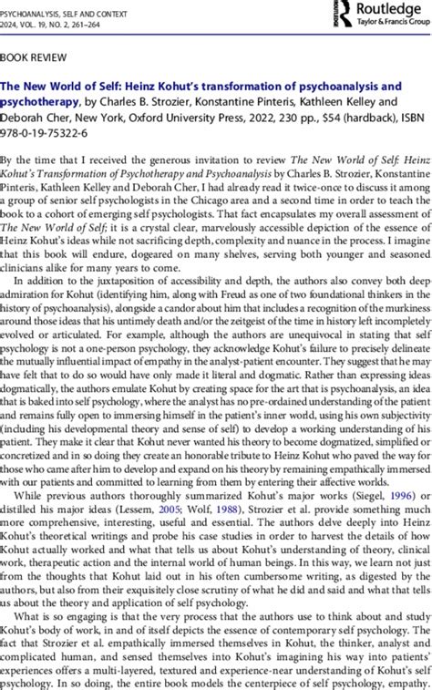 The New World of Self: Heinz Kohut’s transformation of psychoanalysis ...