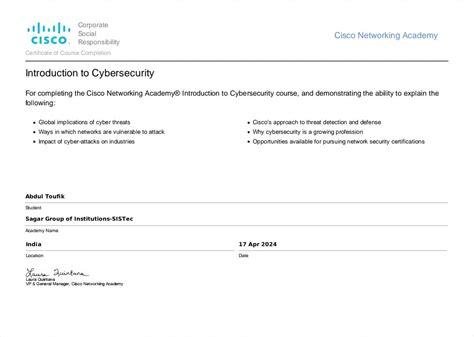 Abdul Toufik On Linkedin I Have Completed My Introduction To Cybersecurity From Cisco Networking