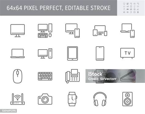 기술 라인 아이콘입니다 벡터 일러스트는 컴퓨터 모니터 노트북 휴대 전화 라우터 팩스 전자 장비에 대한 스캐너 윤곽 그림 아이콘을 포함한다 64x64 픽셀 완벽 편집 가능한