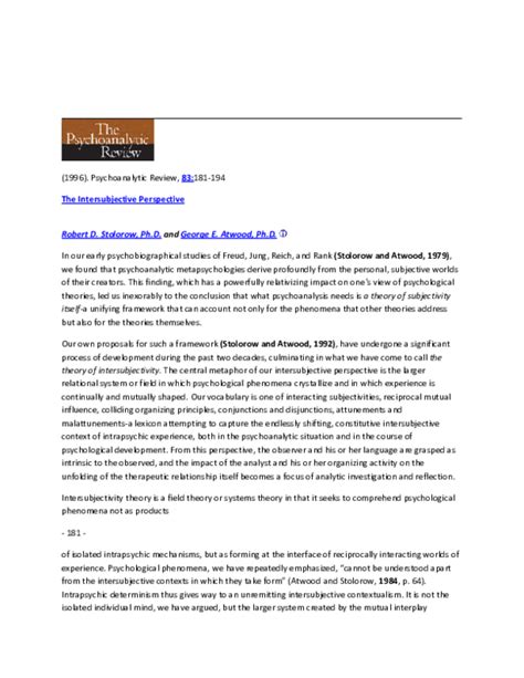 Pdf The Intersubjective Perspective