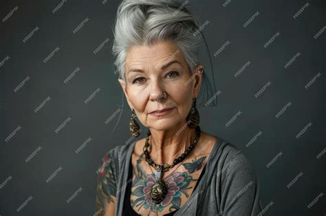 Envejecimiento Con Tinta Mujer Mayor Orgullosamente Posa Con Tatuaje