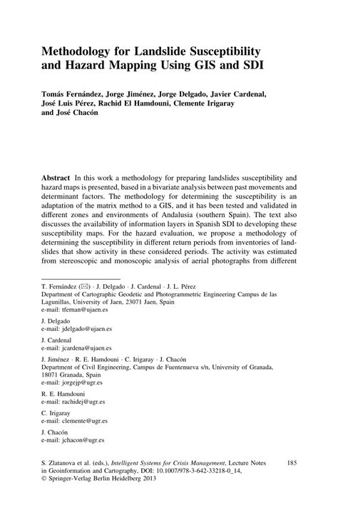 Pdf Methodology For Landslide Susceptibility And Hazard Mapping Using Gis And Sdi