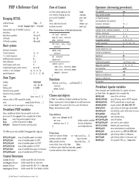 Php 4 Reference Card Pdf