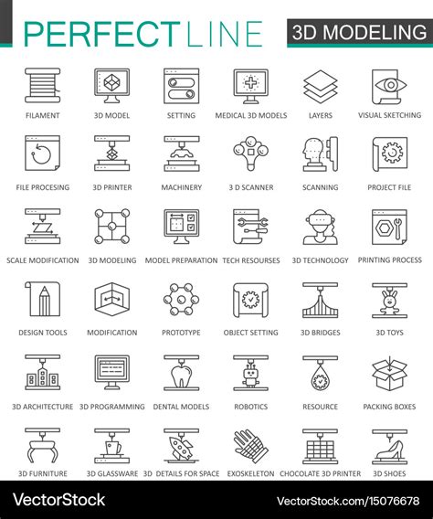 D Modeling And Printing Thin Line Web Icons Set Vector Image