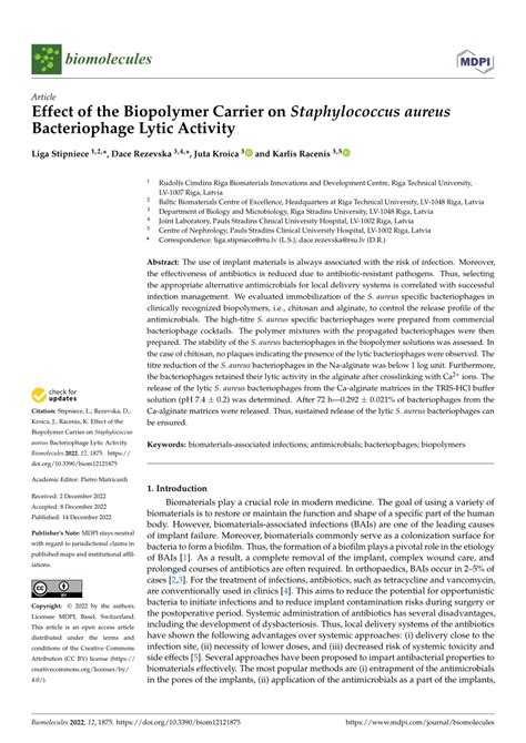 Pdf Effect Of The Biopolymer Carrier On Staphylococcus Aureus Bacteriophage Lytic Activity