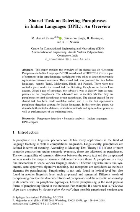 Pdf Shared Task On Detecting Paraphrases In Indian Languages Dpil