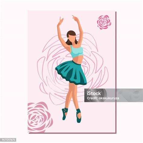 녹색 투투와 뾰족한 신발을 신고 꽃과 함께 분홍색 포스터에서 춤을 추는 백인 백인 얼굴 없는 발레 댄서 플랫 스타일의 벡터