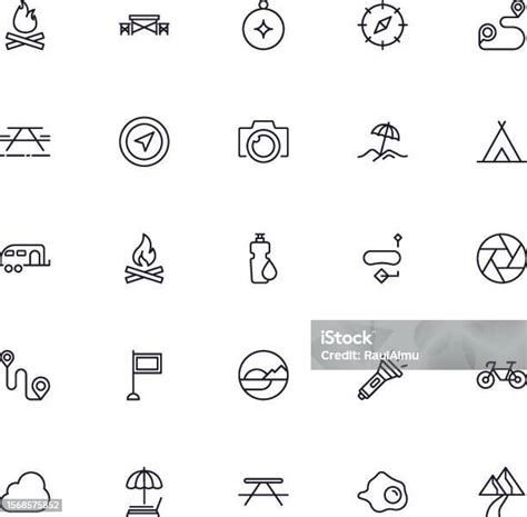 여행 아이콘 세트입니다 웹 디자인 Ui 디자인 모바일 앱 등을 위한 야외 활동 사인 모음 긴장을 풀고 윤곽선 아이콘을 클릭합니다 흰색 바탕에 캠핑 검정 픽토그램 0명에 대한