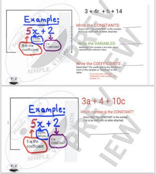 Coefficients Constants And Variables Worksheets With Graphic Organizers