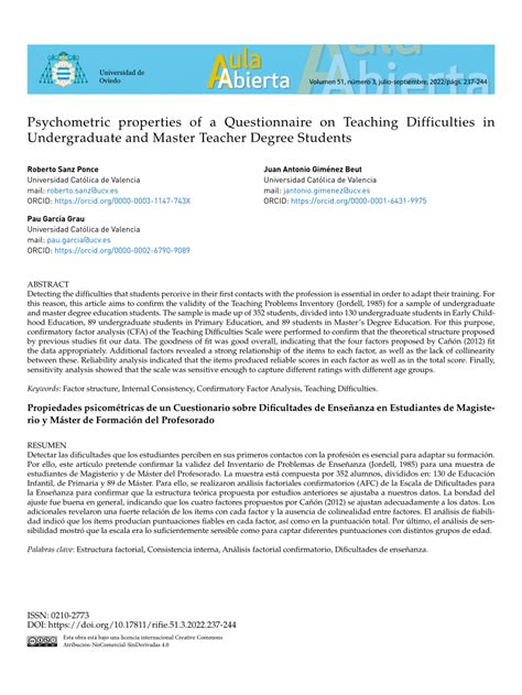 Pdf Psychometric Properties Of A Questionnaire On Teaching Difficulties In Undergraduate And
