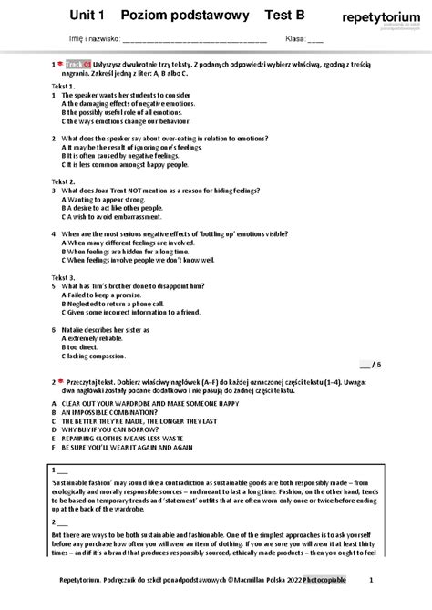 U7 Test Pr Gr B Unit 7 Poziom Rozszerzony Test B Imię I Nazwisko