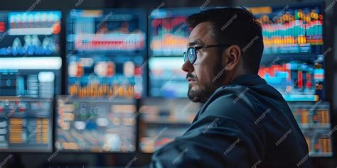 Operator Analyzing Data On Multiple Screens In Hightech Control Room